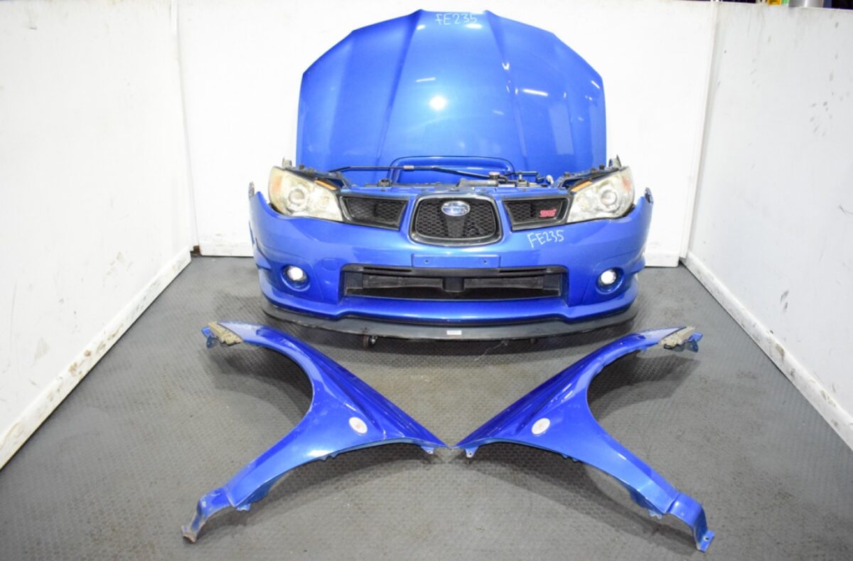 Very Clean Limited JDM 06 07 Subaru WRX STI front clip in world rally blue with bumper fenders hood and lip for sale. J Spec Auto Sports